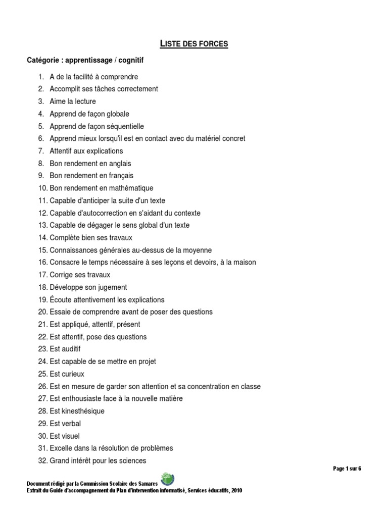 Liste Des Forces | PDF | Psychologie | Concept de psychologie