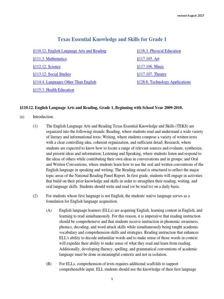 Texas Essential Knowledge and Skills For Grade 1 | PDF | Reading ...
