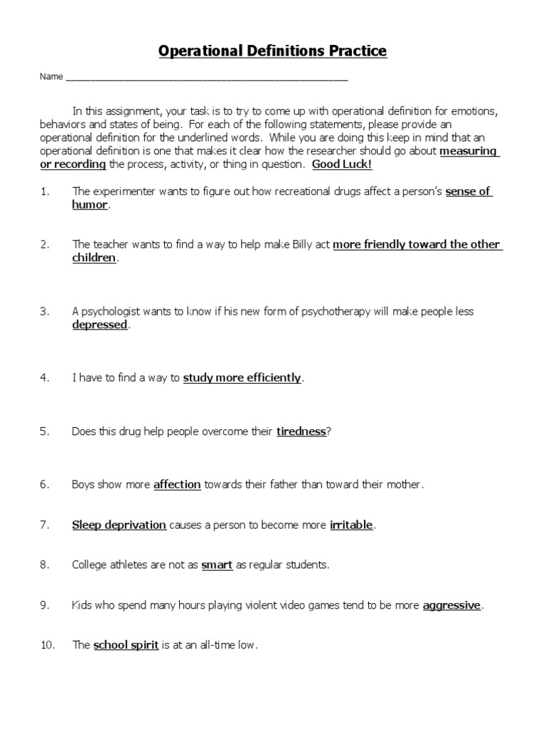 Operational Definitions Worksheet | PDF