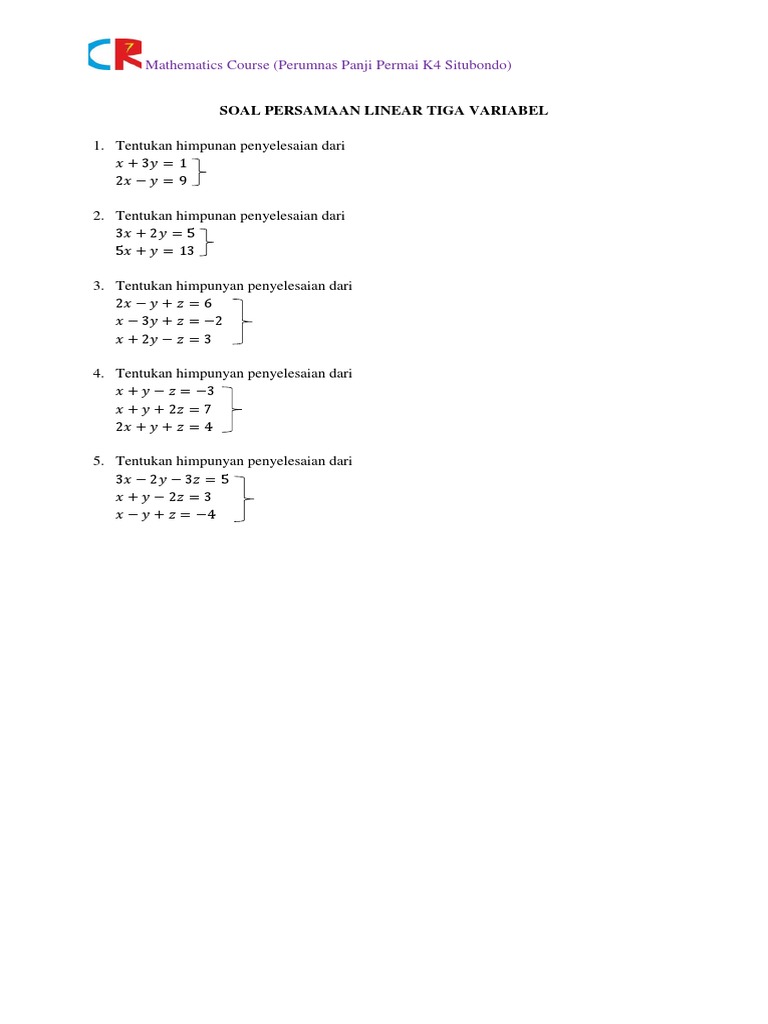 Soal Latihan Persamaan Linear Tiga Variabel | PDF