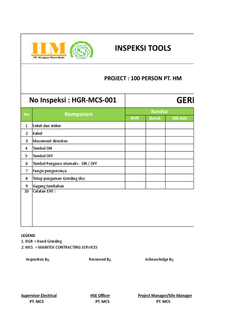 Daftar Pemeriksaan - Gerinda | PDF