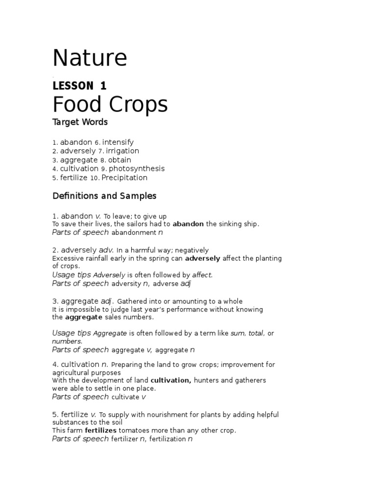 Food Crops Vocabulary Lesson | PDF | Plants | Agriculture