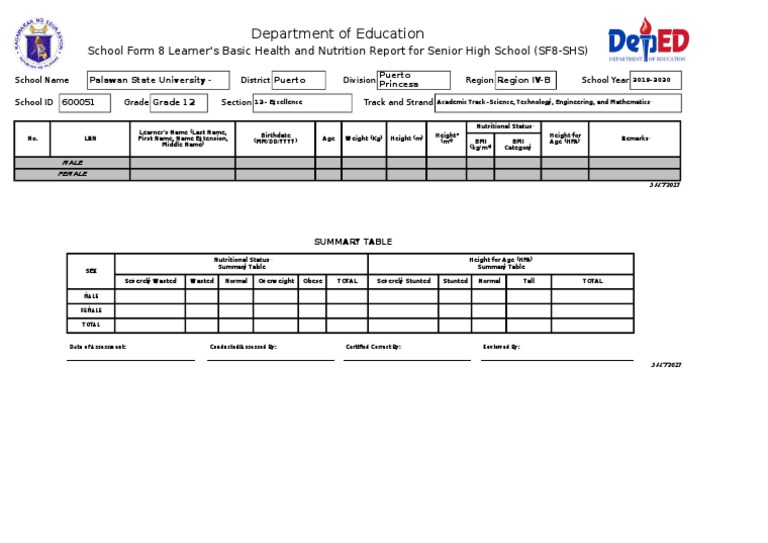 School Form 8 (SF 8) | PDF | Body Mass Index | Obesity