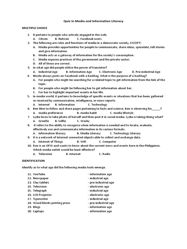 Media and Information Literacy Quiz | PDF | Mass Media | Information Age