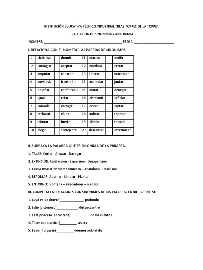 Exámen de Sinónimos y Antónimos - 7. | PDF | Naturaleza