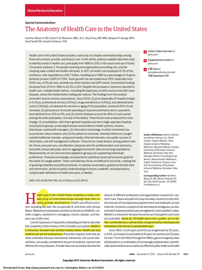 The Anatomy of Health Care in The United States: Special Communication ...