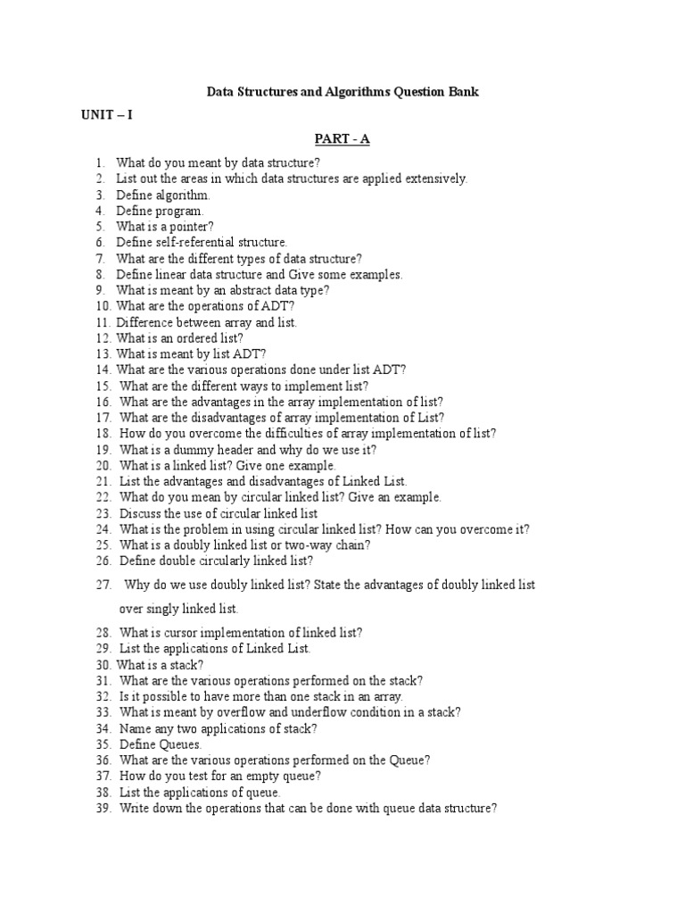 Data Structures And Algorithms Question Bank Unit I Part A Pdf Queue Abstract Data Type
