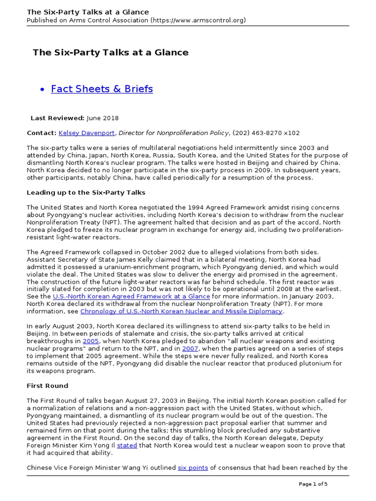 Arms Control Association - The Six-Party Talks at A Glance - 2019-09-27 ...