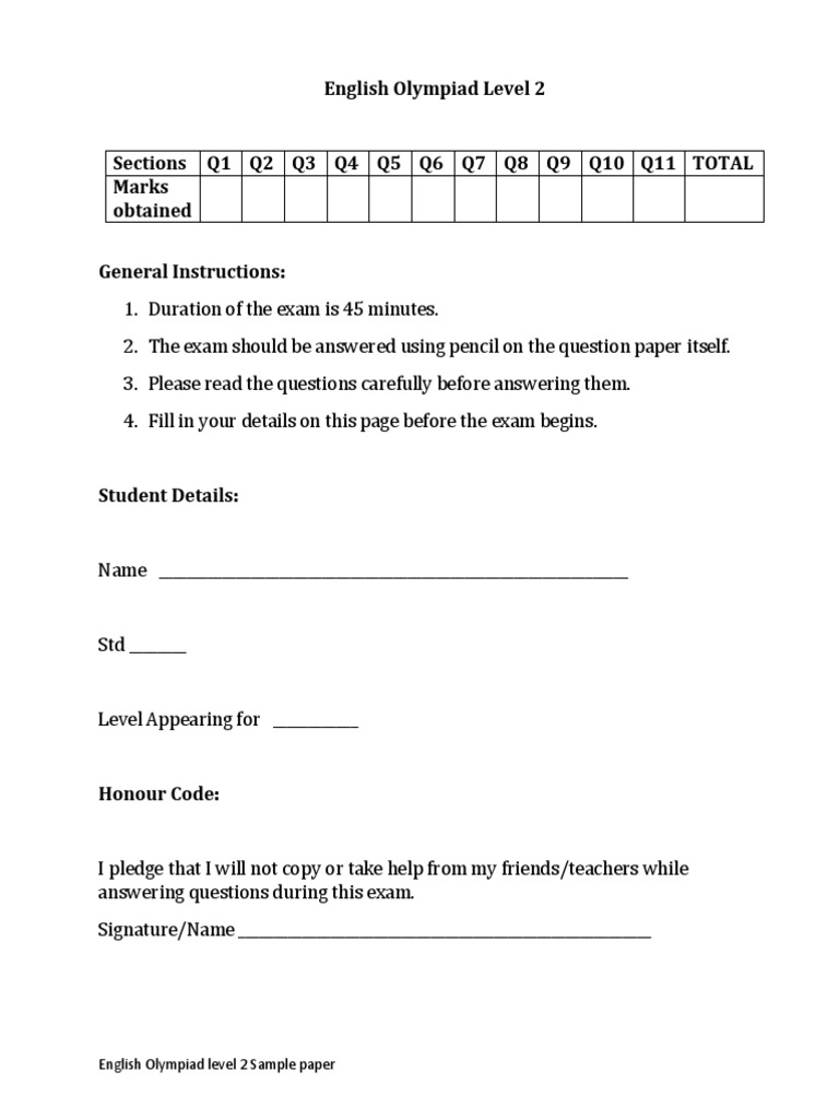 English Olympiad Level 2 Sample Paper | Download Free PDF | Scientific ...