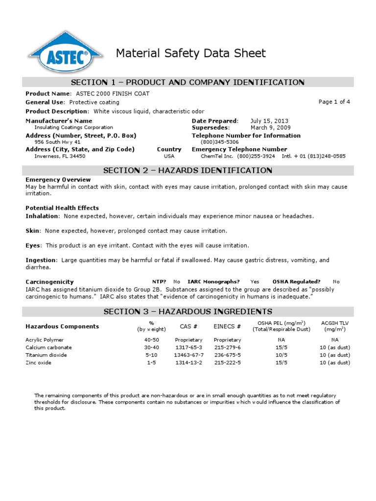 Astec2000 Finish Coat Msds | PDF | Dangerous Goods | Water