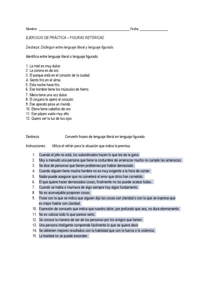 Ejercicio Sobre Lenguaje Figurado | PDF