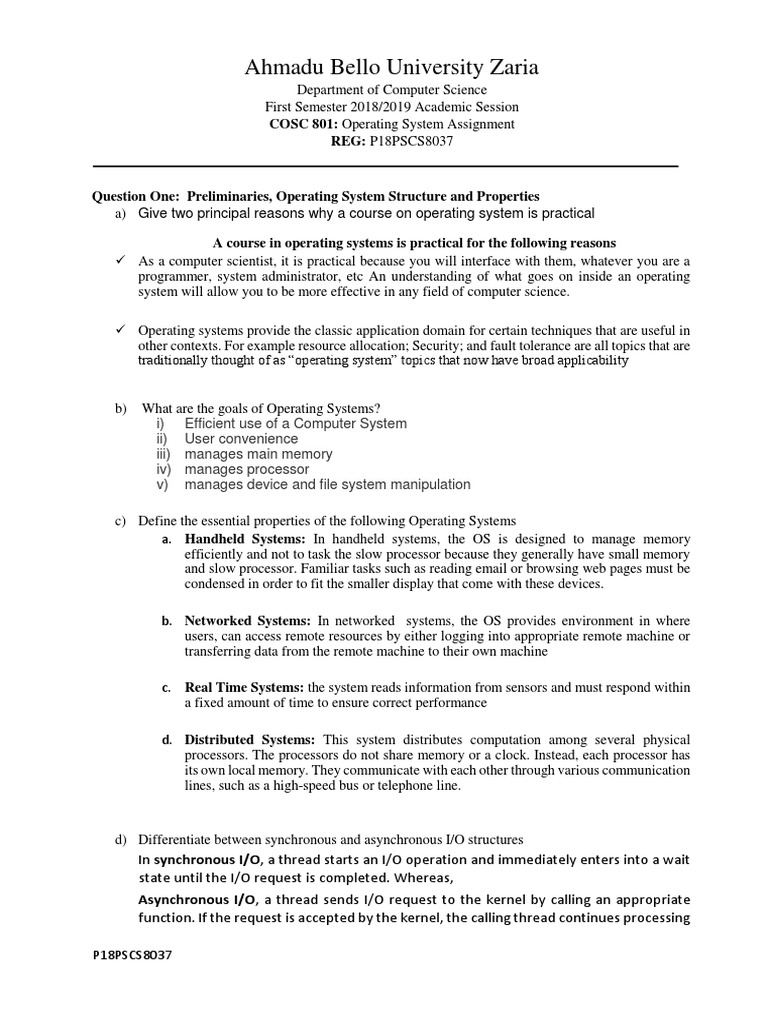 Ahmadu Bello University Zaria: COSC 801: Operating System Assignment REG: P18PSCS8037 | PDF ...