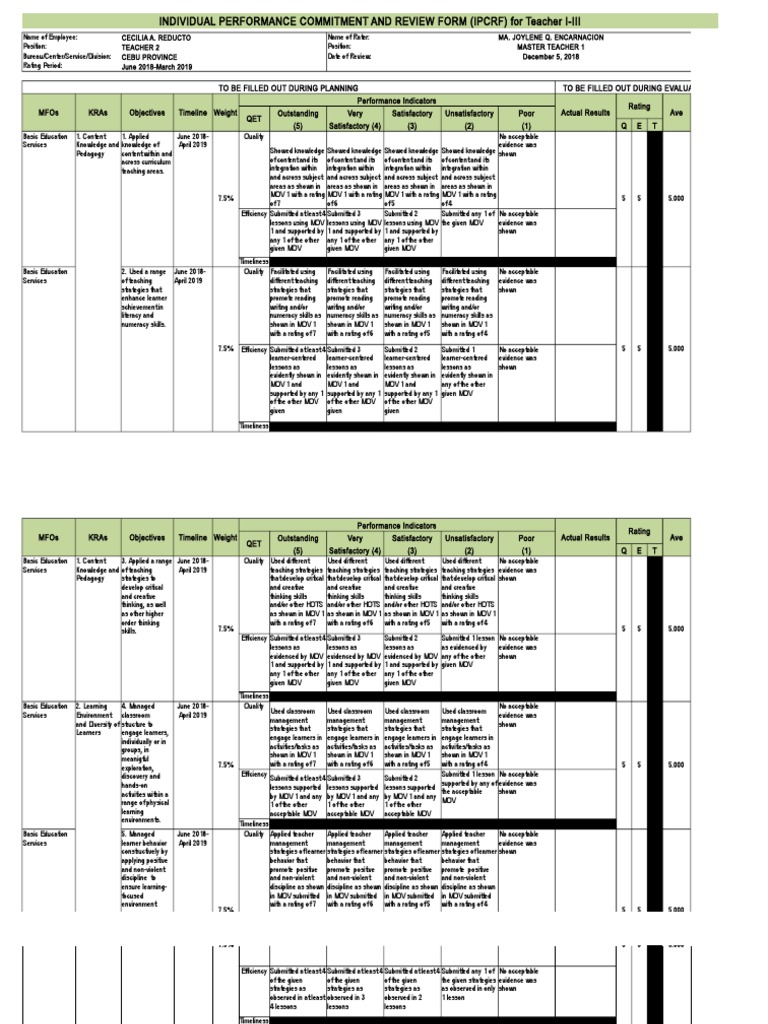 Individual Performance Commitment and Review Form (Ipcrf) For Teacher I ...