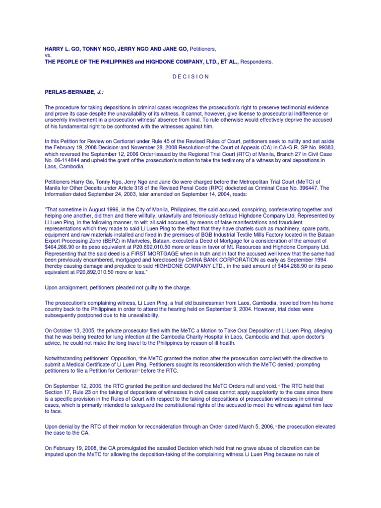 Deposition of Witness in Criminal Case | PDF | Confrontation Clause ...