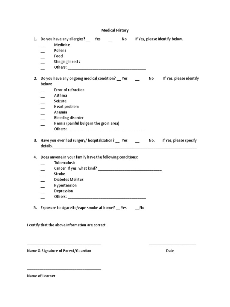 SHD Form 1 Medical History-DepEd | PDF