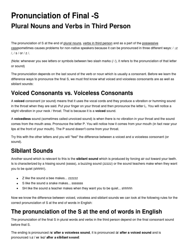 English Final -S Pronunciation Guide | PDF | Consonant | Phonetics