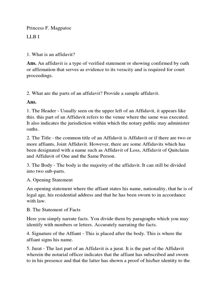 Ans. An Affidavit Is A Type of Verified Statement or Showing Confirmed ...