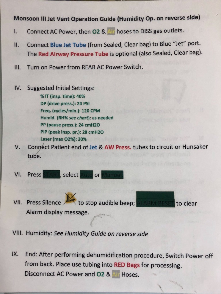 Jet Ventilation Settings Acutronic Monsoon | PDF