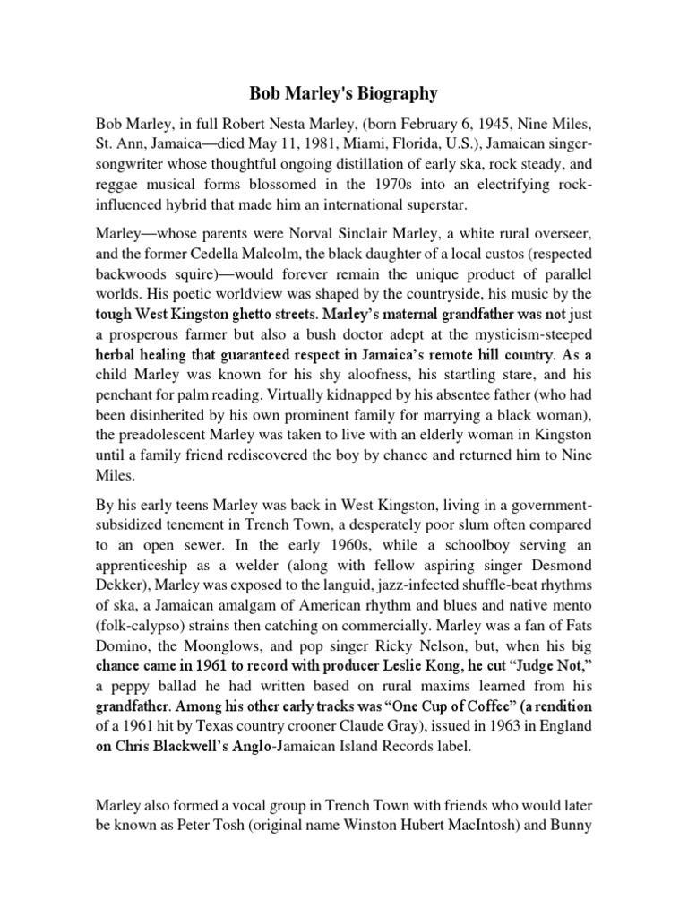Bob Marley's Biography | Download Free PDF | Bob Marley | Jamaican Music