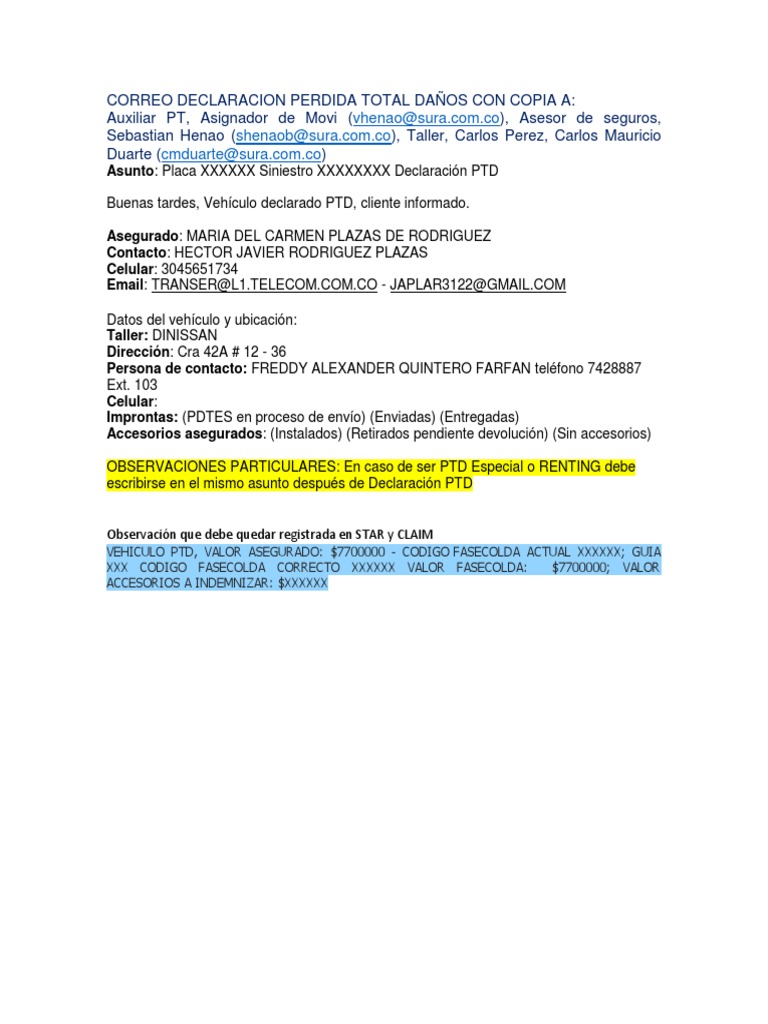 Correo Declaracion Perdida Total Daños | PDF