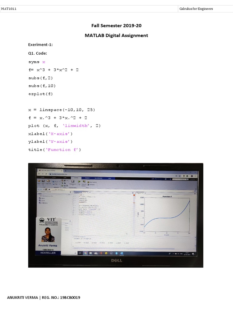 MAT1011 Calculus Engineers MATLAB Assignment | PDF
