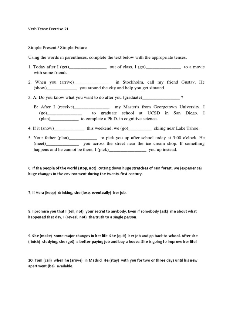 Verb Tense Exercise 21: Simple Present / Simple Future | PDF