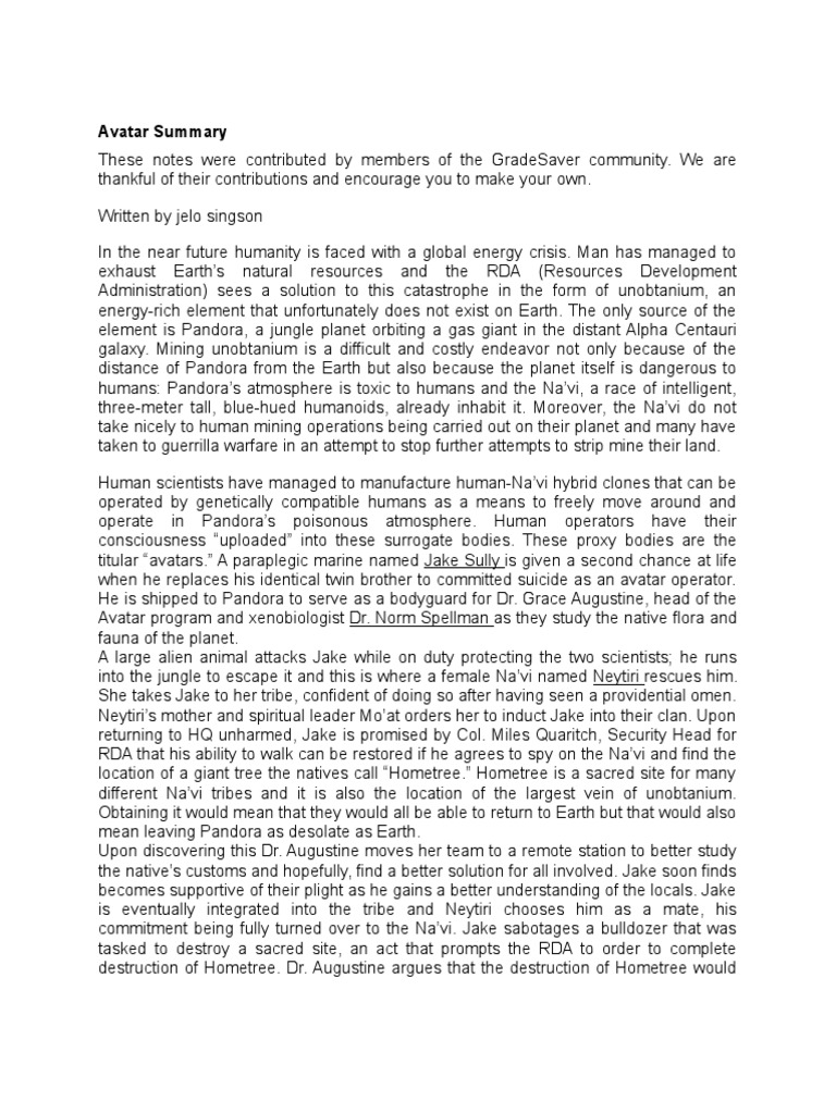 Avatar Summary | PDF | Avatar (2009 Film) | Nature