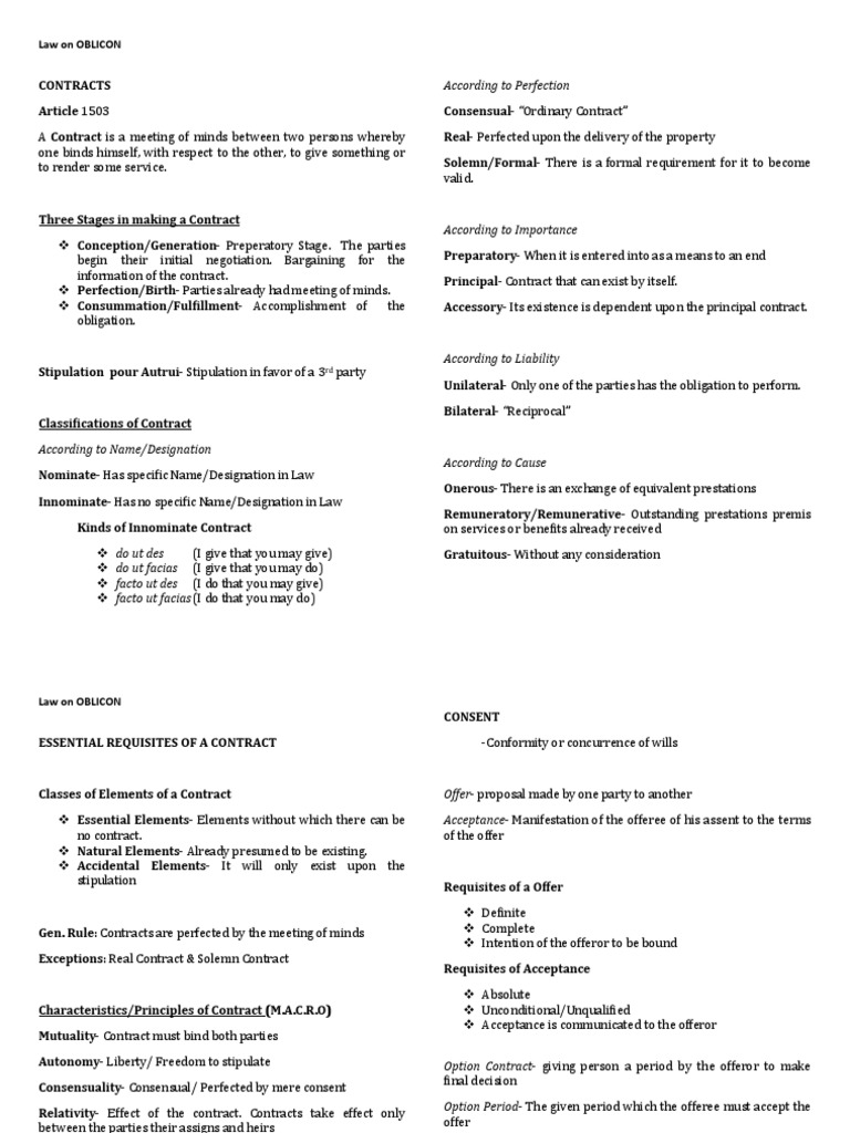 Classification and Essential Elements of Contracts under Obligational ...