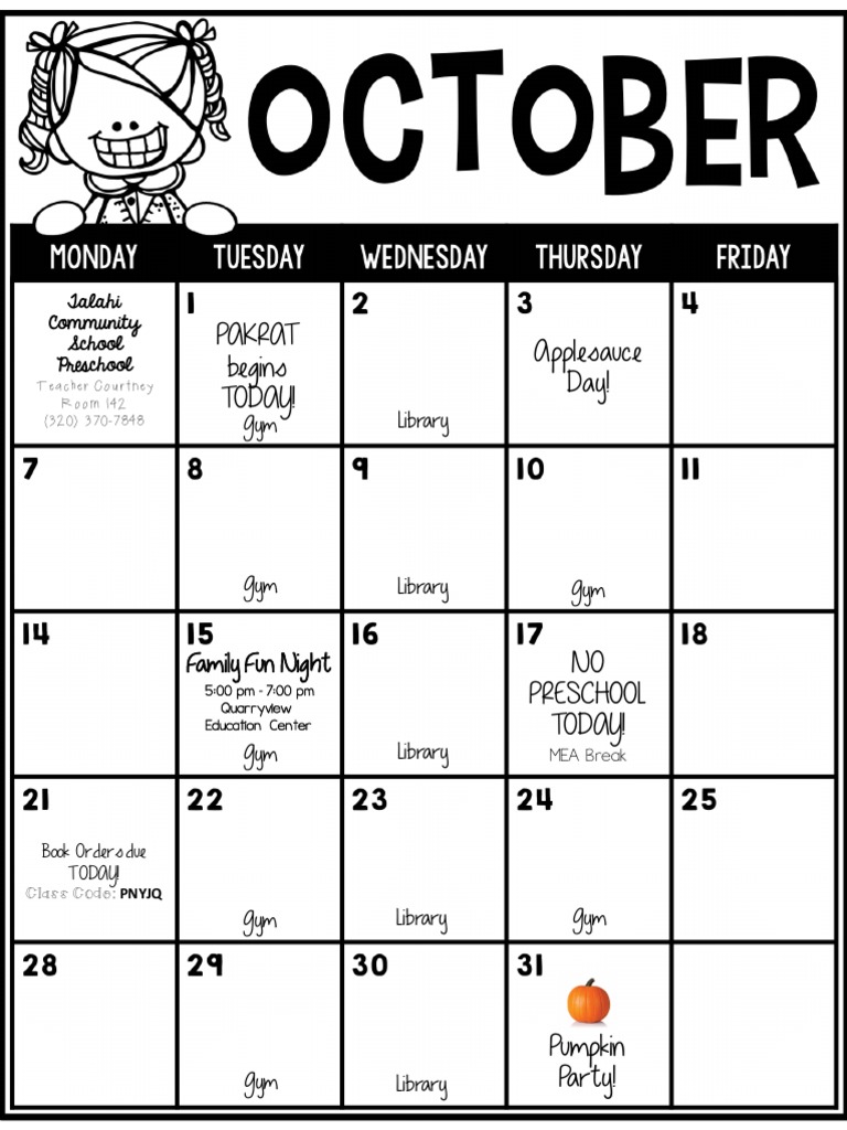 October 2019 Preschool Calendar | PDF