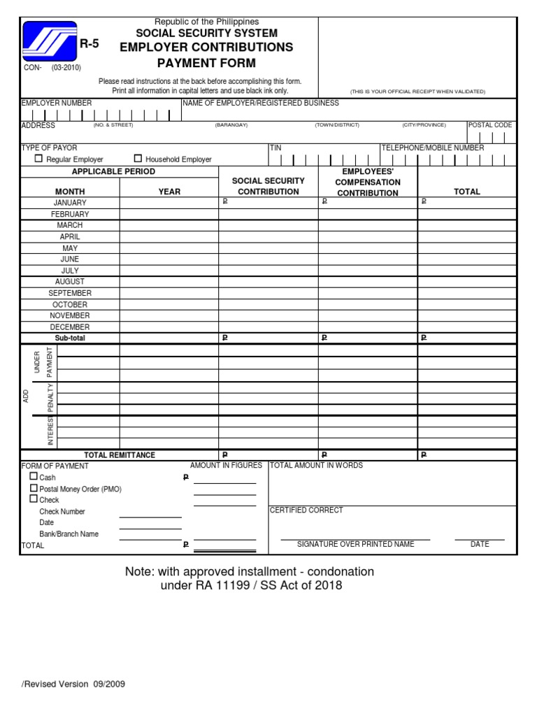Employer Contributions Payment Form R-5: Social Security System | PDF ...