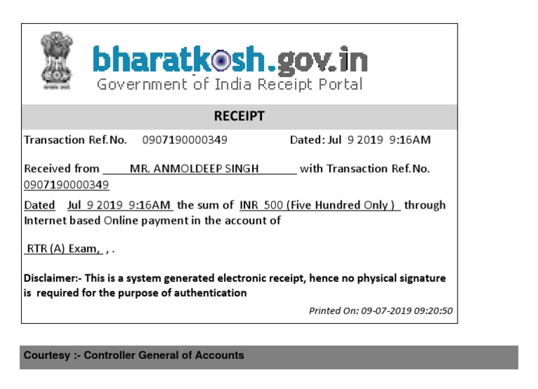 NTRP Reciept Sample | PDF