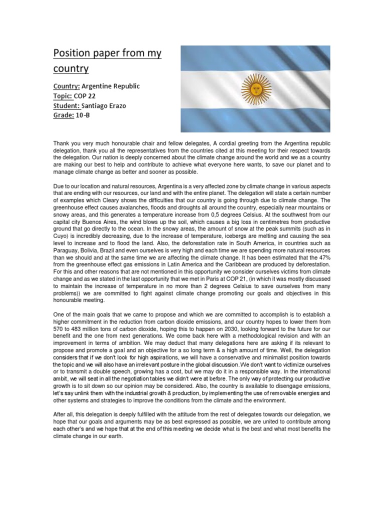Position Paper From My Country: Country: Argentine Republic Topic: COP ...