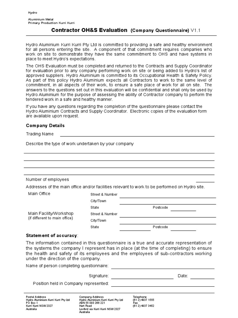 Contractor Occupational Health Safety Evaluation | PDF | Occupational ...