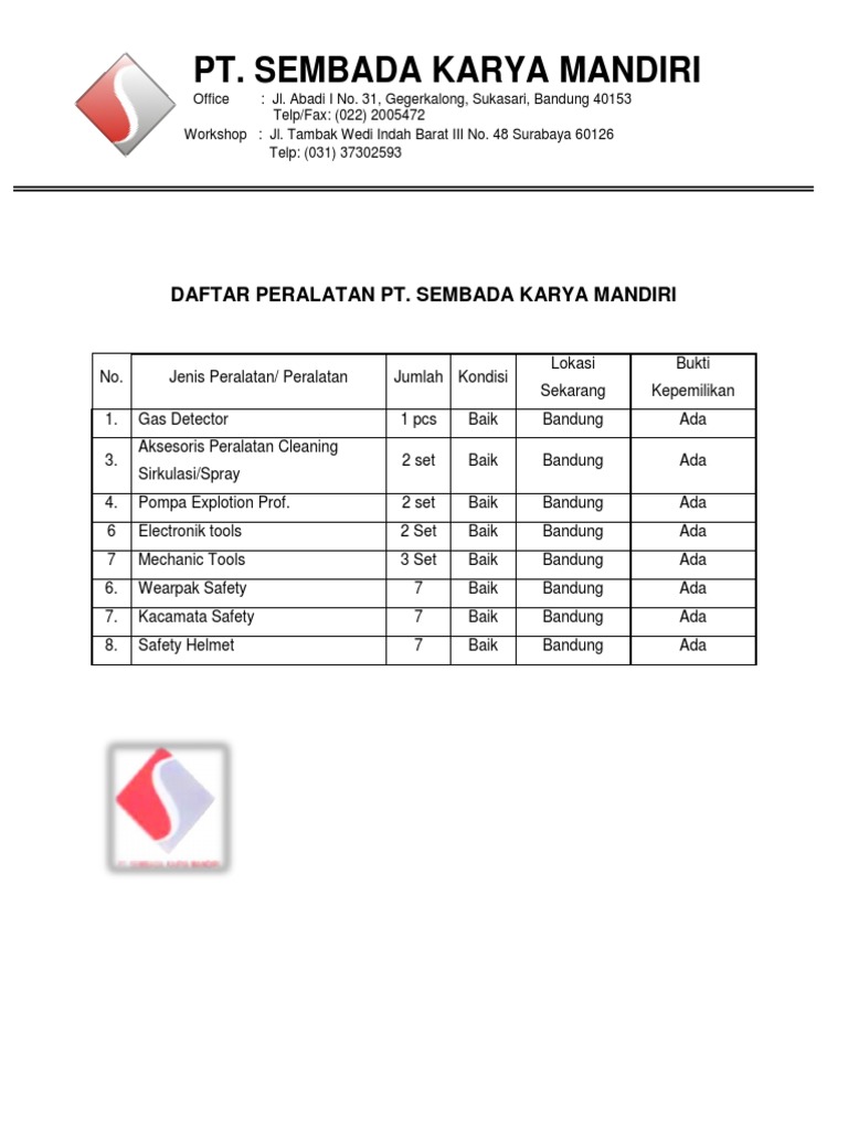 Data Perlengkapan Peralatan | PDF