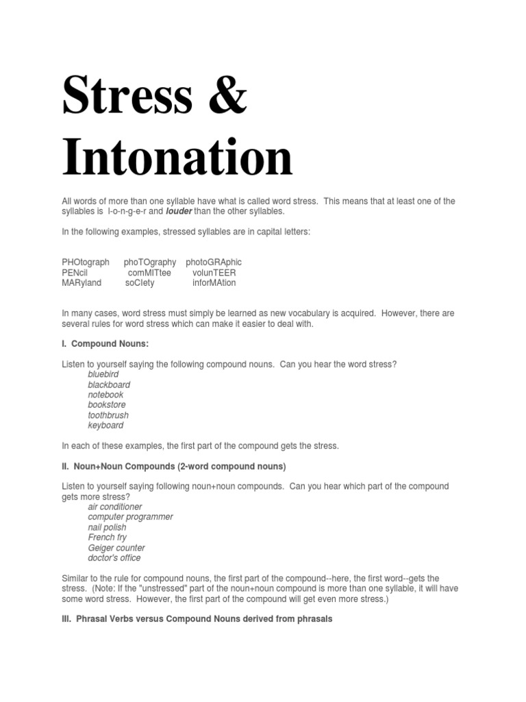 Stress & Intonation: I. Compound Nouns | PDF | Stress (Linguistics ...
