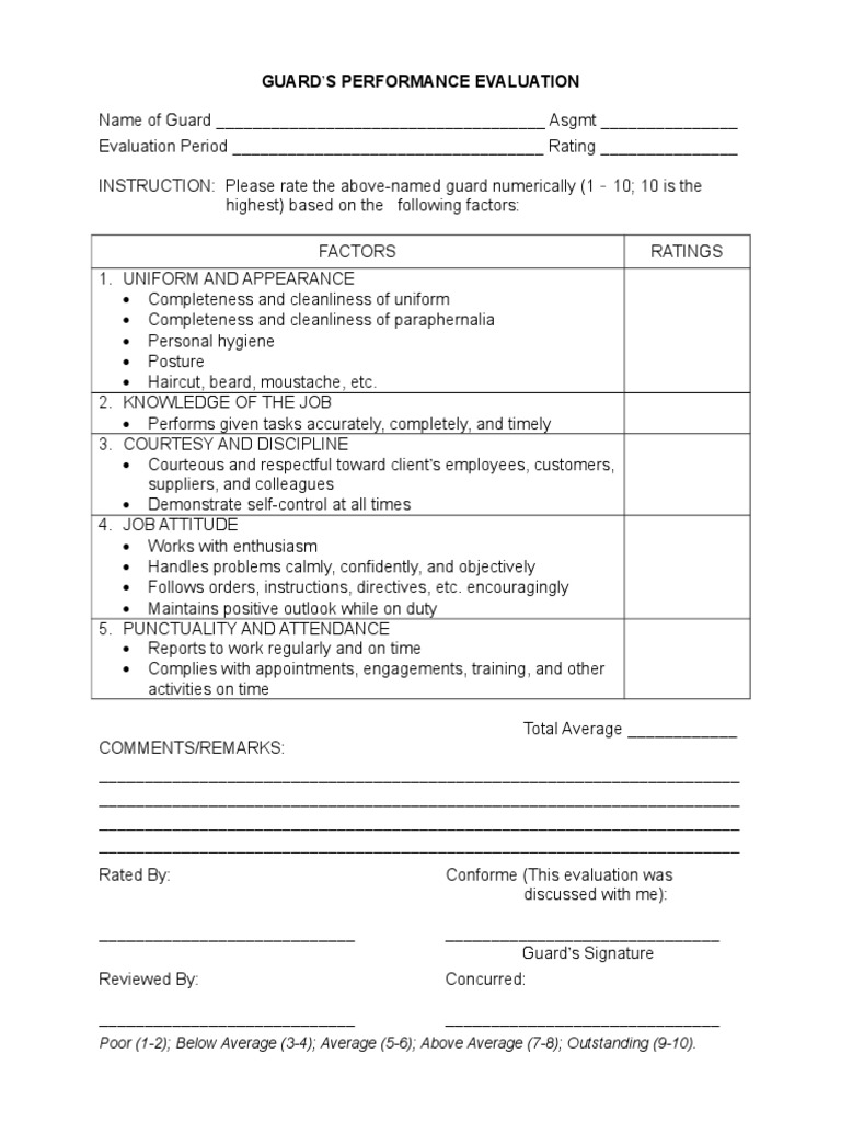 Guard S Performance Evaluation: Poor (1-2) Below Average (3-4) Average ...