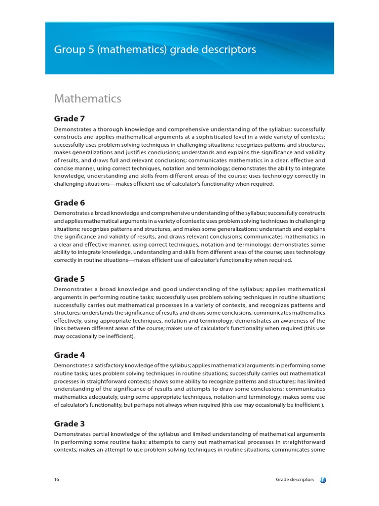 Mathematics: Group 5 (Mathematics) Grade Descriptors | PDF | Teaching ...