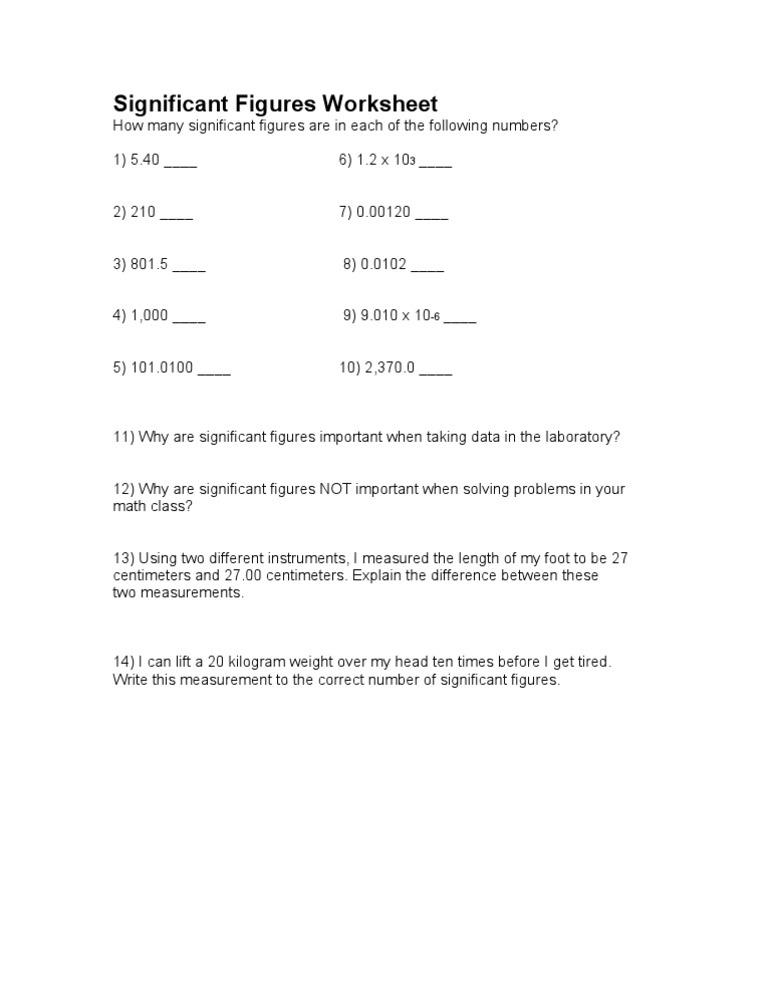 Significant Figures Worksheet | PDF