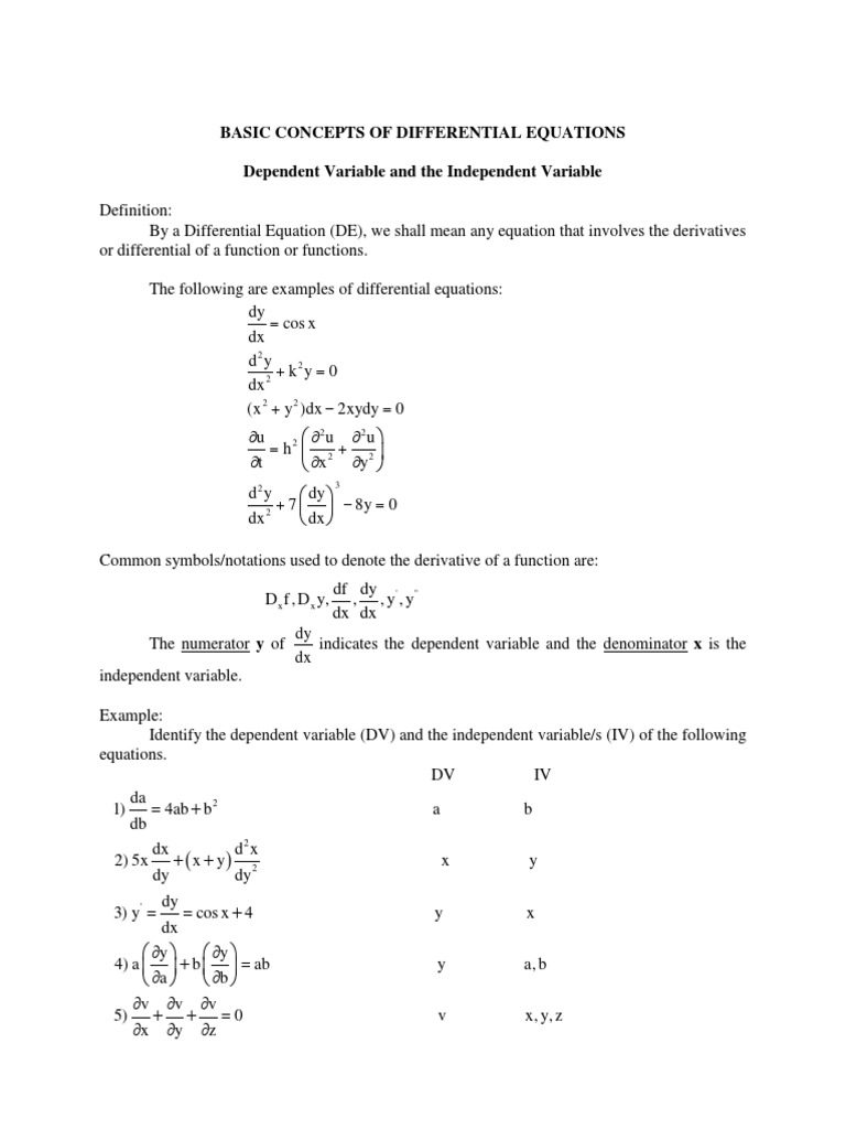 Basic Concepts Of Differential Equations Dependent Variable and the ...