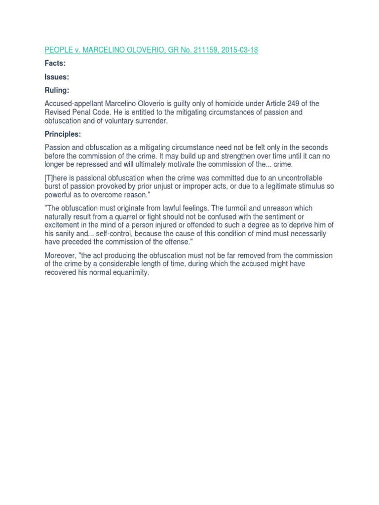 Facts: Issues: Ruling:: PEOPLE v. MARCELINO OLOVERIO, GR No. 211159 ...