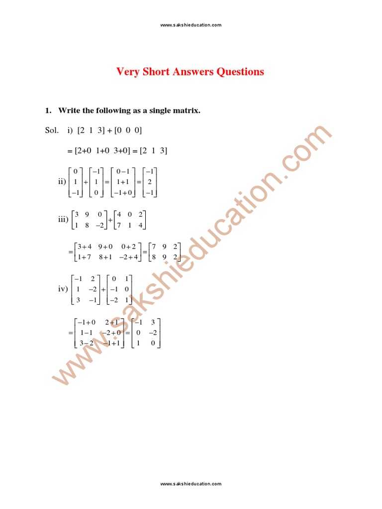 Very Short Answers Questions: 1. Write The Following As A Single Matrix ...