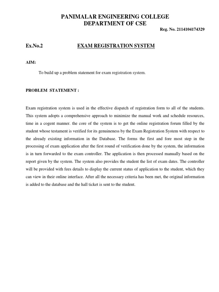 Panimalar Engineering College Department of Cse: Ex - No.2 Exam Registration System | PDF