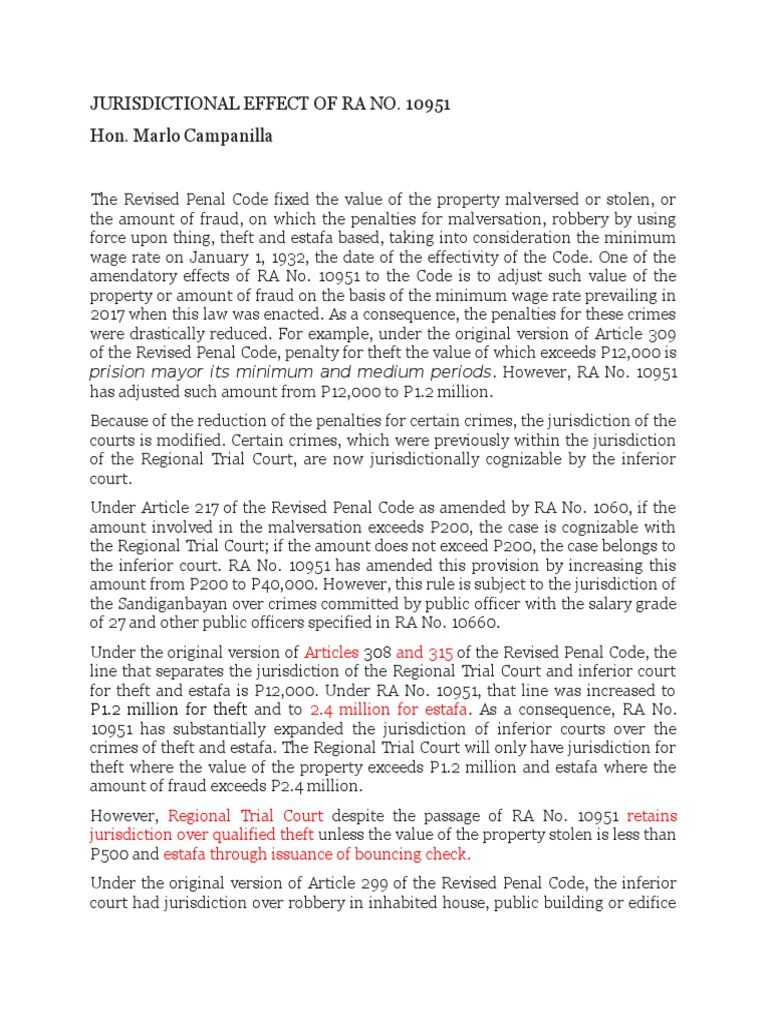 Jurisdictional Effect of Ra 10951 | PDF | Theft | Ex Post Facto Law