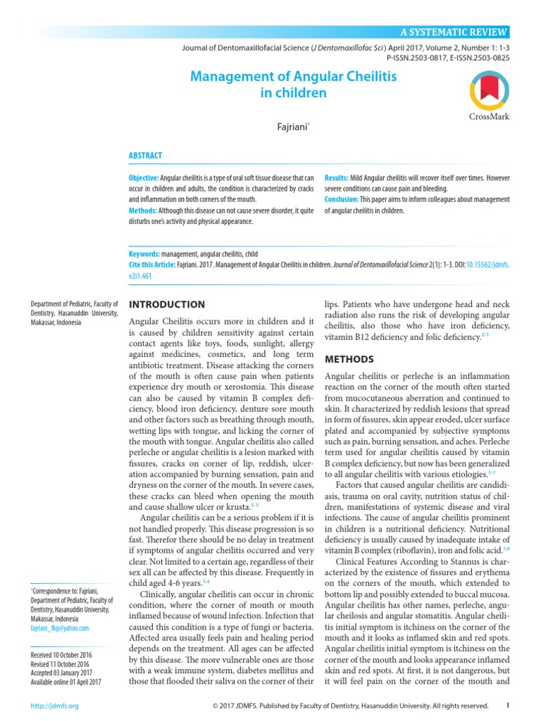 Management of Angular Cheilitis in Children | PDF | Infection | Human Tooth