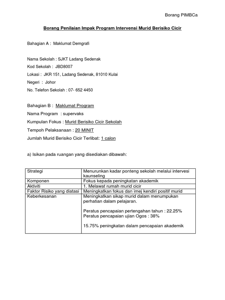 Borang Penilaian Impak Program Intervensi | PDF