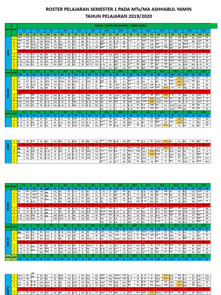 Roster Pelajaran Semester 1 Pada Mts/Ma Ashhabul Yamin TAHUN PELAJARAN 2019/2020 | PDF