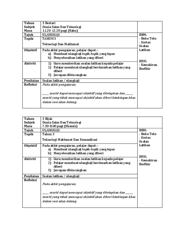 Contoh Rph Untuk Ulangkaji - MadalynsrJenkins