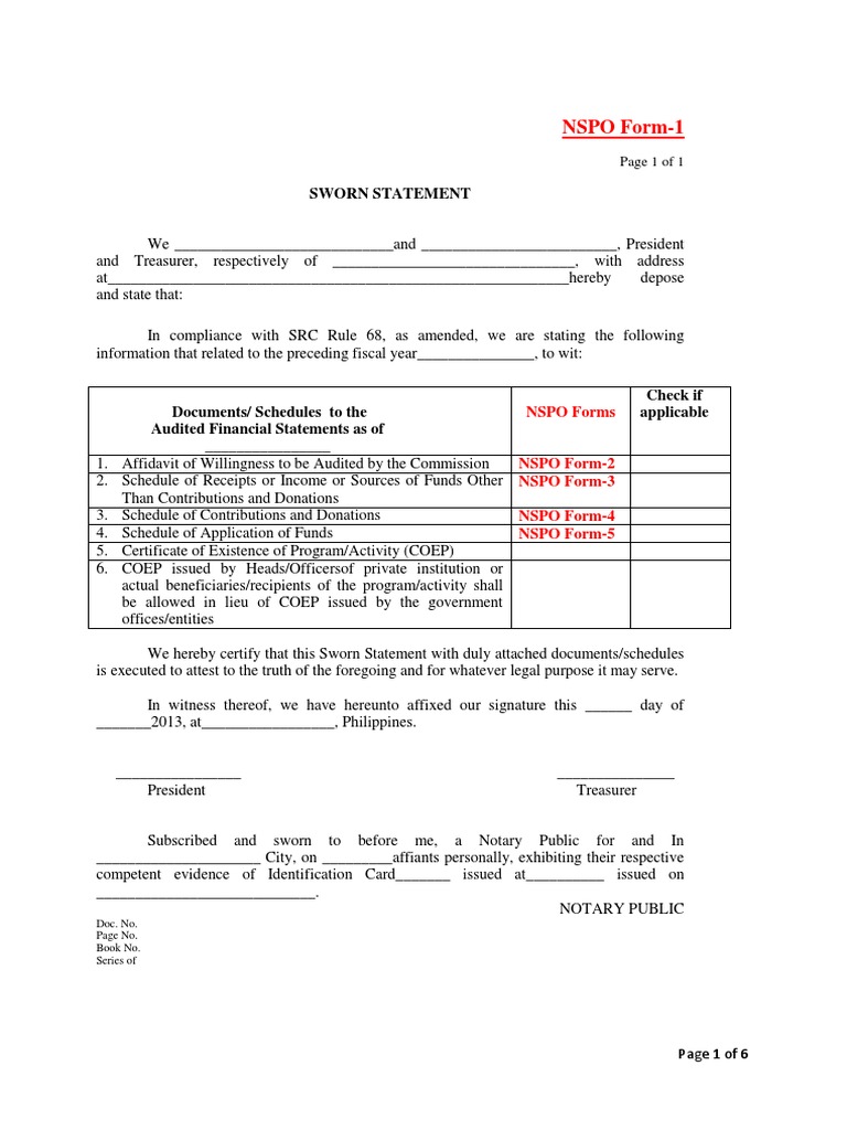 NSPO Form-1: Sworn Statement | PDF | Affidavit | Notary Public