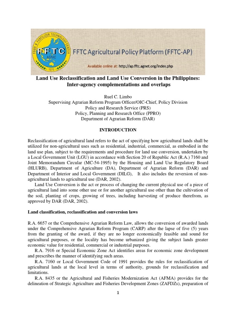 Land Use Reclassification and Land Use Conversion in The Philippines - Functions of Various ...