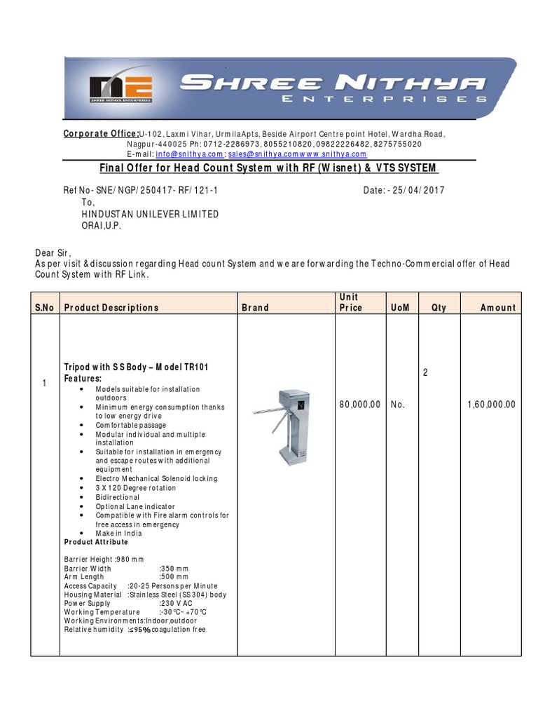Final Offer For Head Count System With RF (Wisnet) & VTS SYSTEM | PDF ...